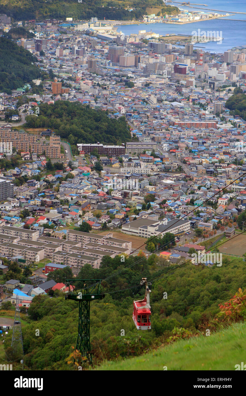 The Tenguyama ropeway with the city of Otaru in the background ...