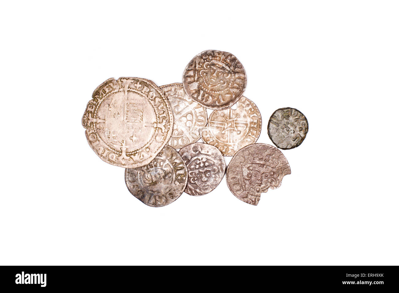 A lot of old coins with portraits of kings on a white background Stock ...
