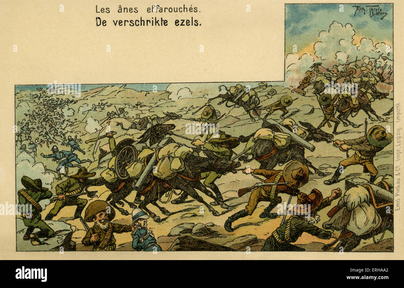 Boers putting flight to a colonial army. Captions read: 'Les ânes ...