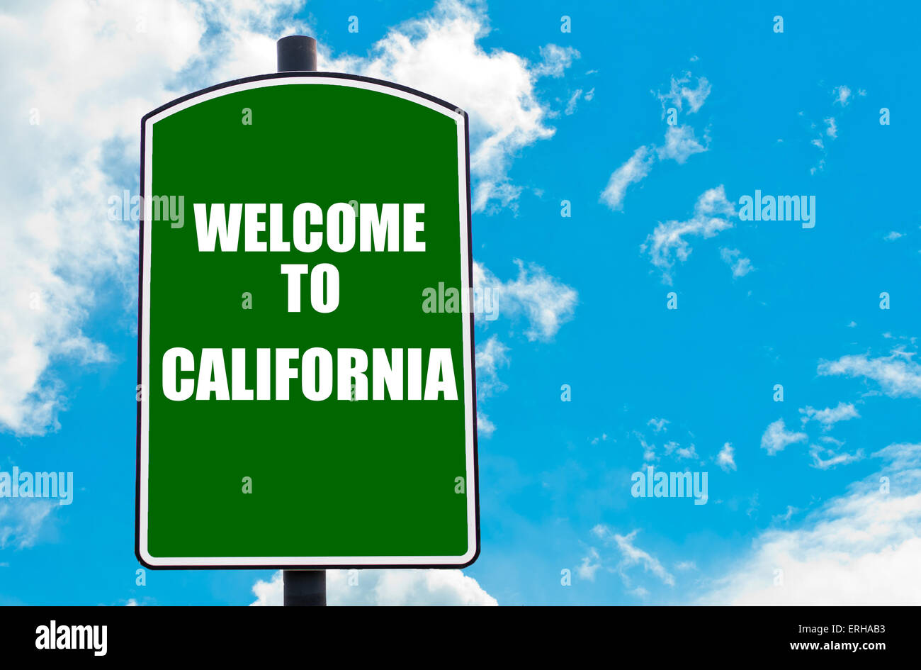 Green road sign with greeting message Welcome to CALIFORNIA isolated ...