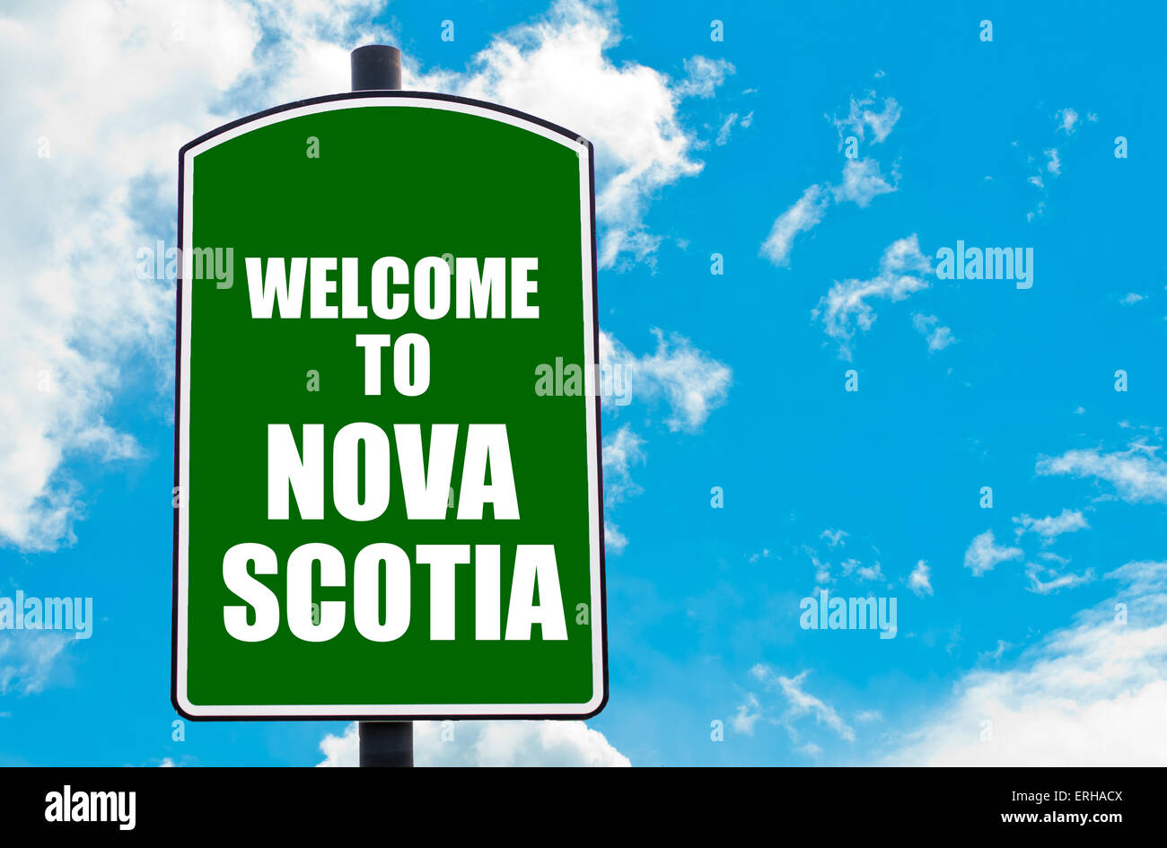 Green road sign with greeting message Welcome to NOVA SCOTIA isolated ...