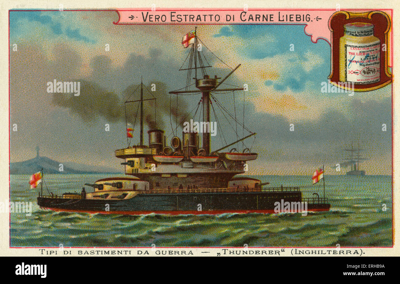 An English war ship - 'Thunderer'. Liebig card, War Ships, 1897 Stock ...