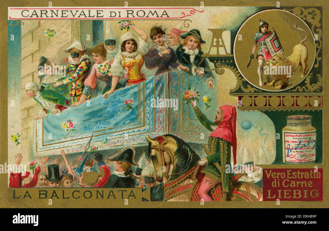 Carnival celebrations on a balcony, Rome. Liebig card, Carnival in Rome ...