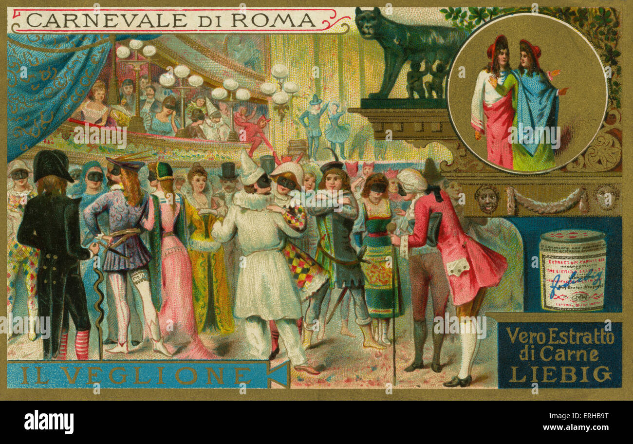 A carnival masquerade ball, Rome. Liebig card, Carnival in Rome, 1897 ...