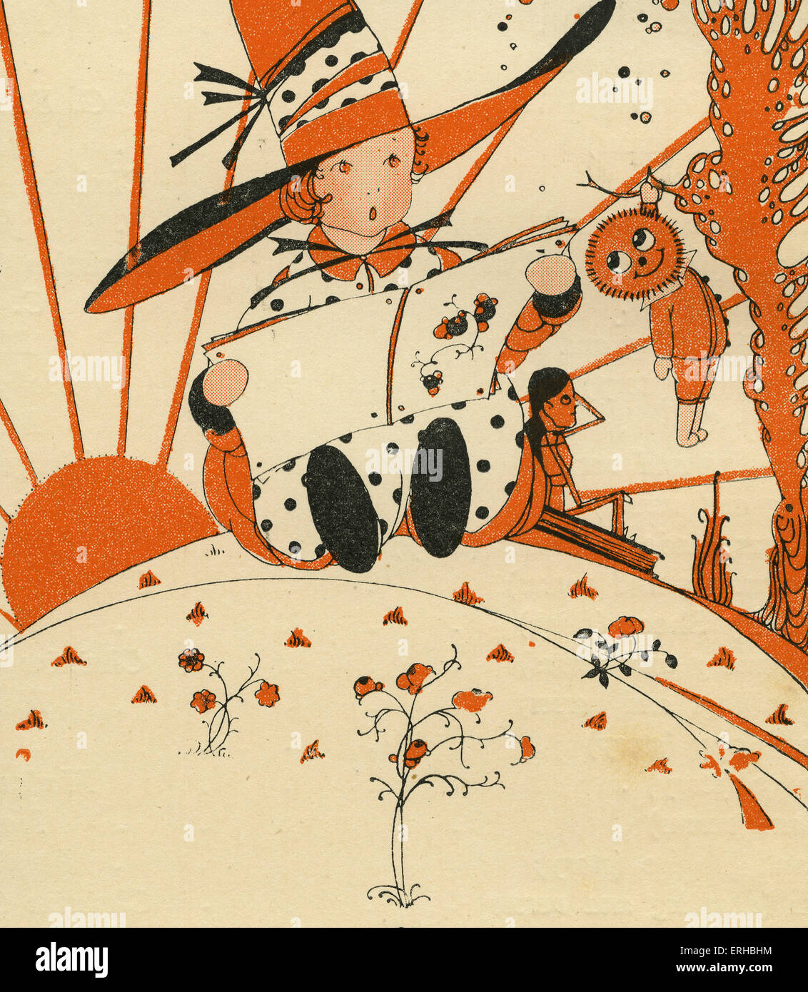 Child reading a book, sitting on hill at sunrise, beside a puppet and ...