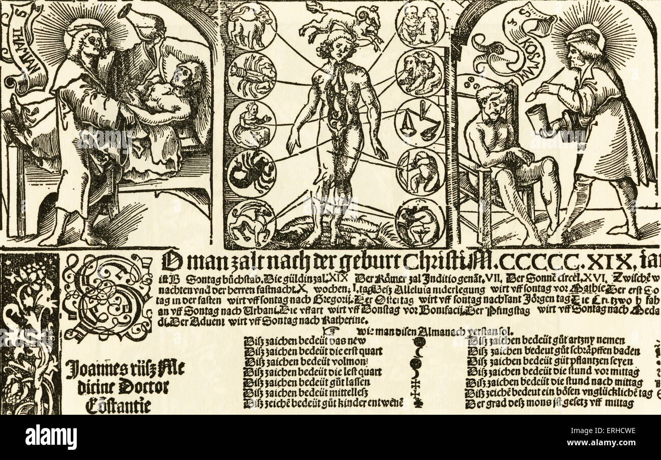 Headpiece of a Wall Almanac, woodcut by Urs Graf, 1519. Shows, left to ...