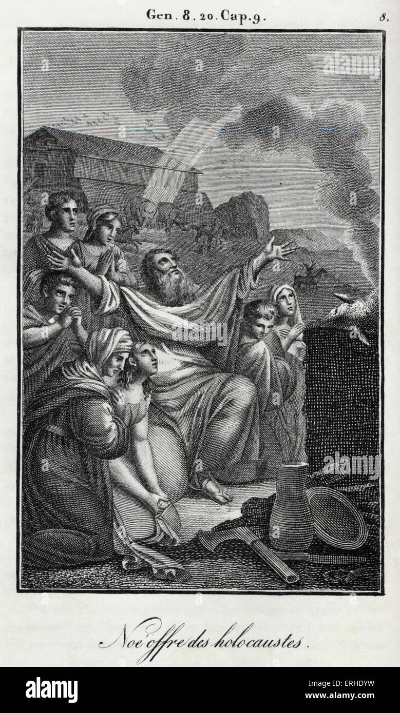 Bible, The end of the flood Noah thanking God for saving him and his ...