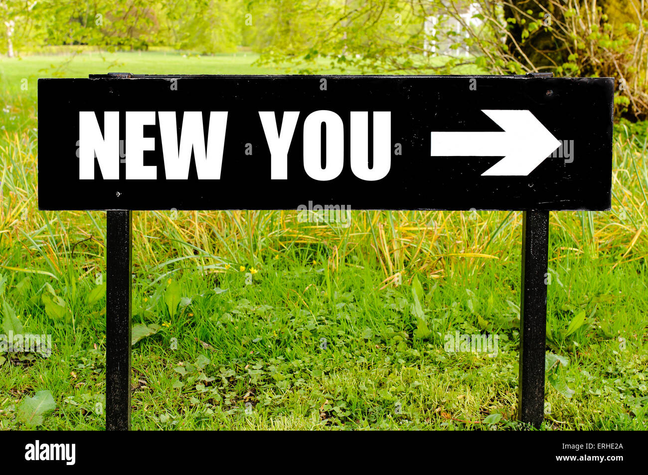 NEW YOU written on directional black metal sign with arrow pointing to ...