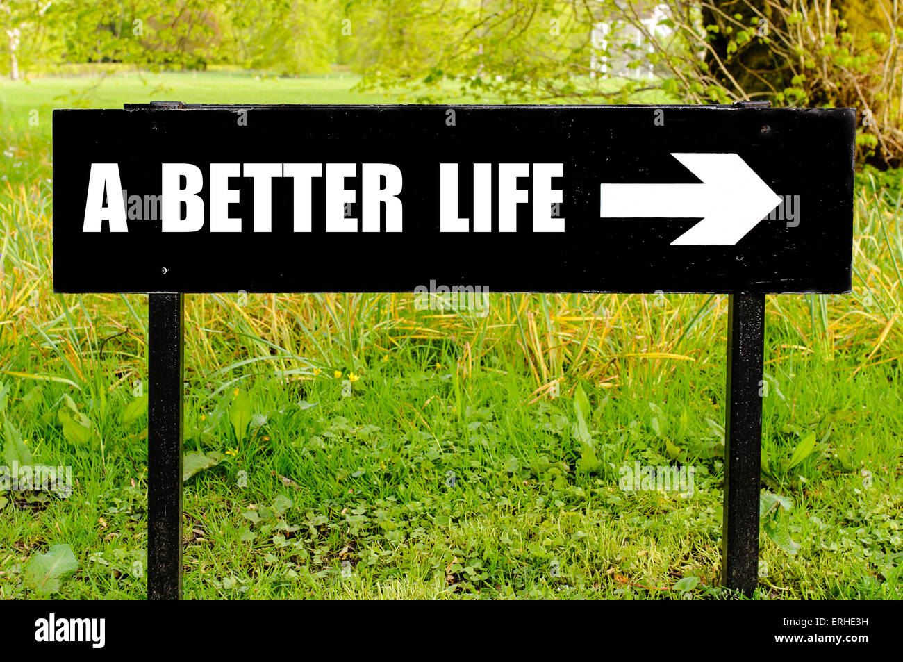 A BETTER LIFE written on directional black metal sign with arrow ...