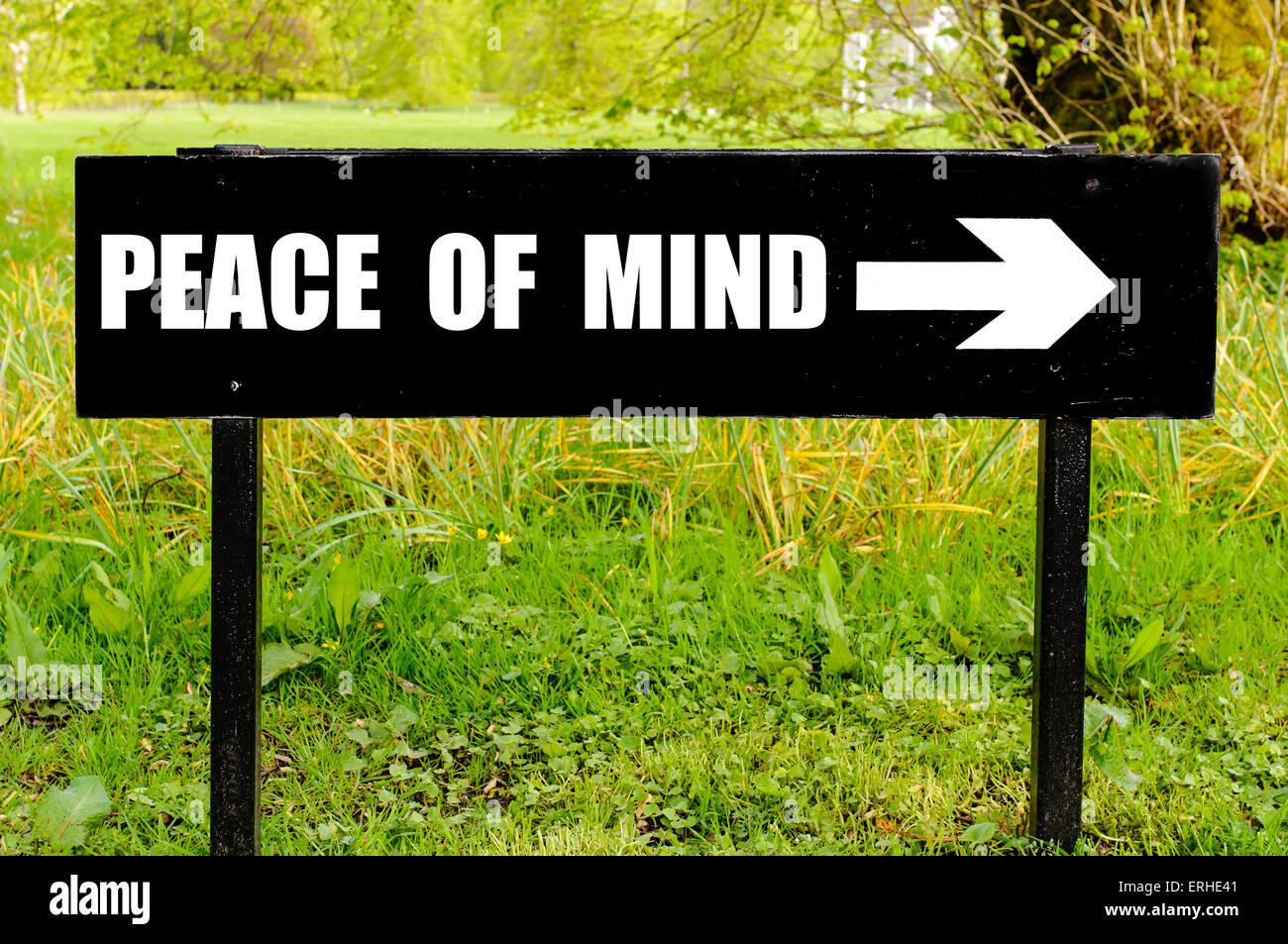 PEACE OF MIND written on directional black metal sign with arrow ...