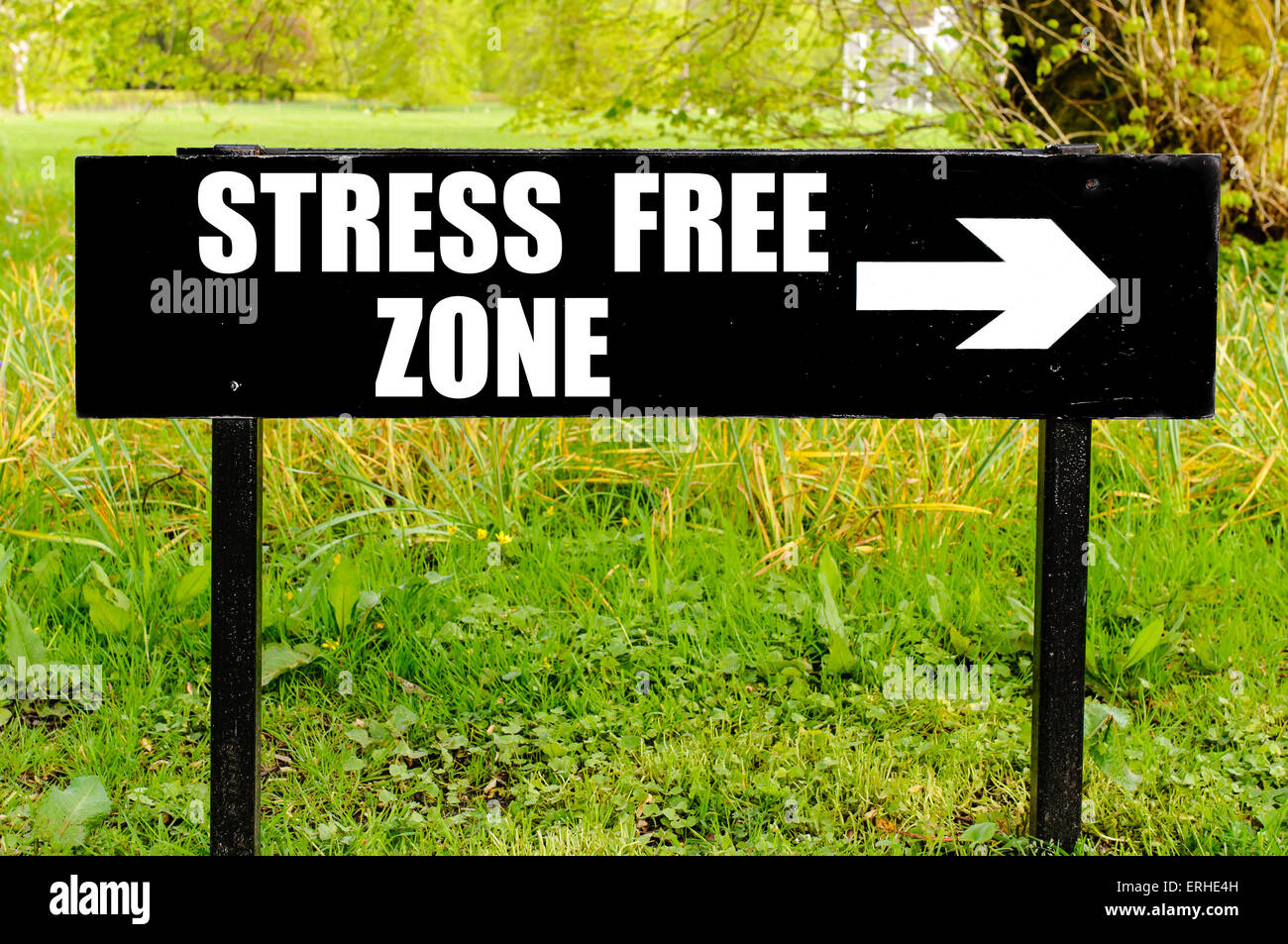 STRESS FREE ZONE written on directional black metal sign with arrow ...