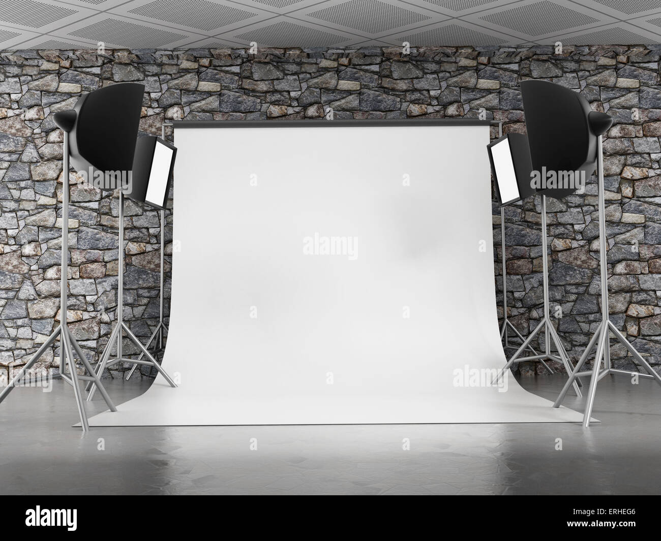 Photography studio with lighting equipment and white curtain Stock ...