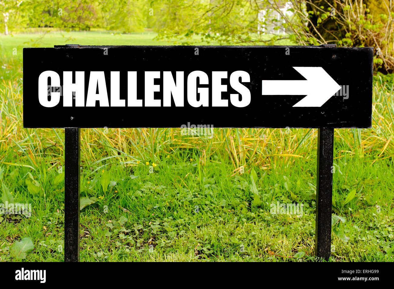 CHALLENGES written on directional black metal sign with arrow pointing ...