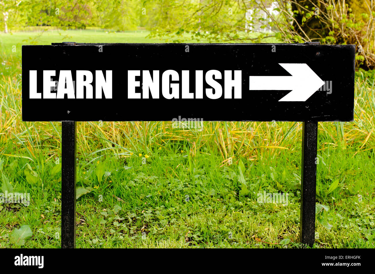 LEARN ENGLISH written on directional black metal sign with arrow ...