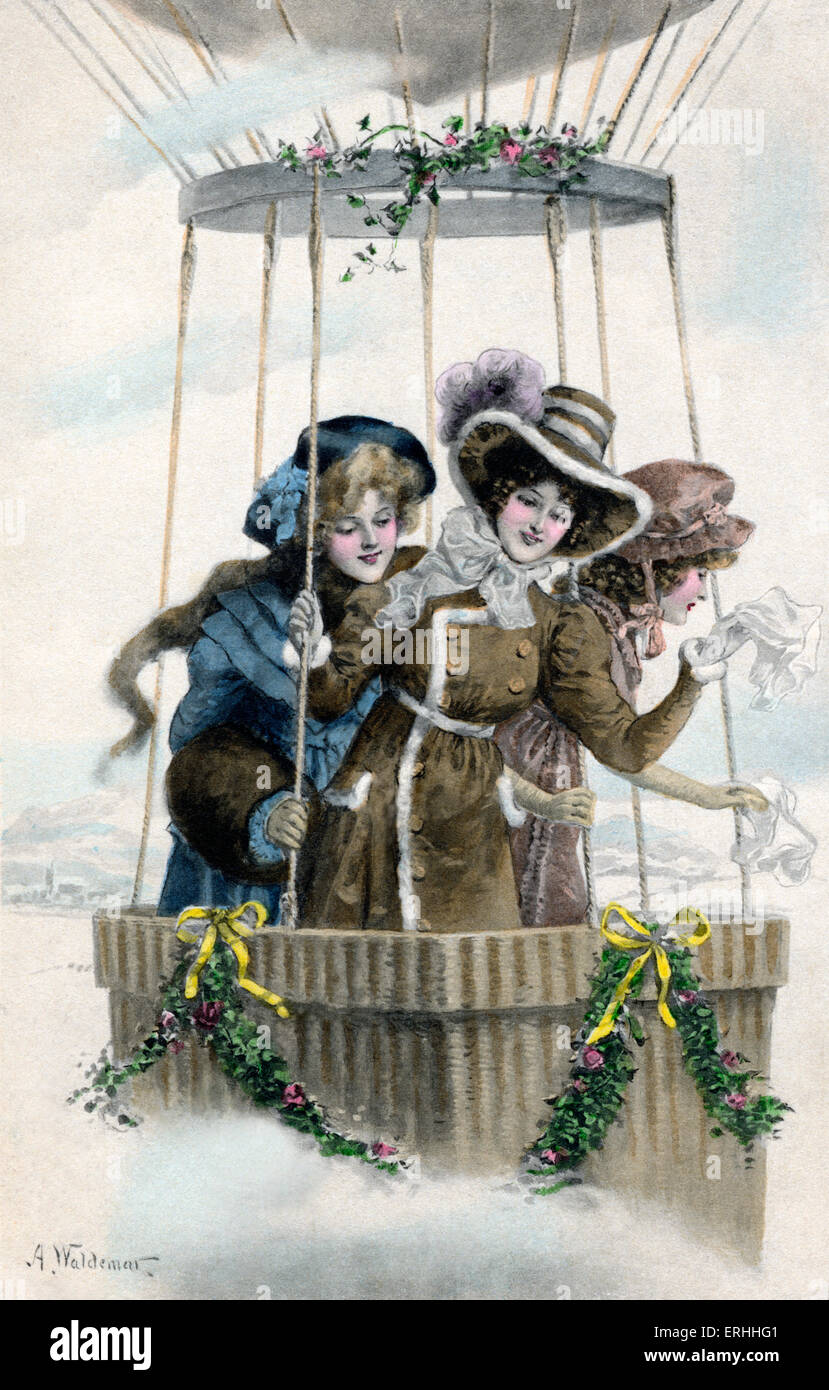 Women riding in a hot air balloon - mid to late 19th century. Waving ...
