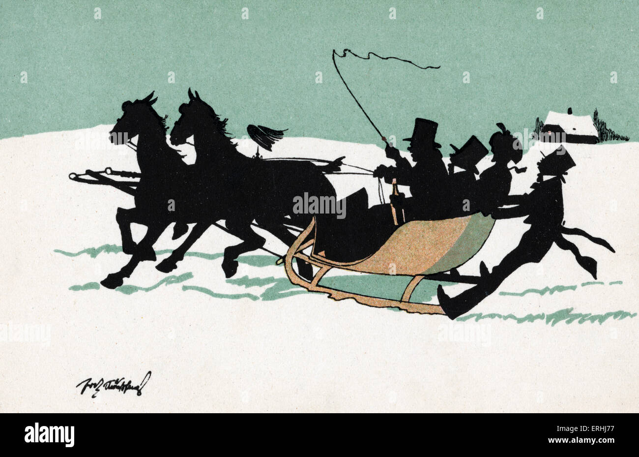 Winter sleigh scene - snow scene with a couple in a horse-drawn sledge ...