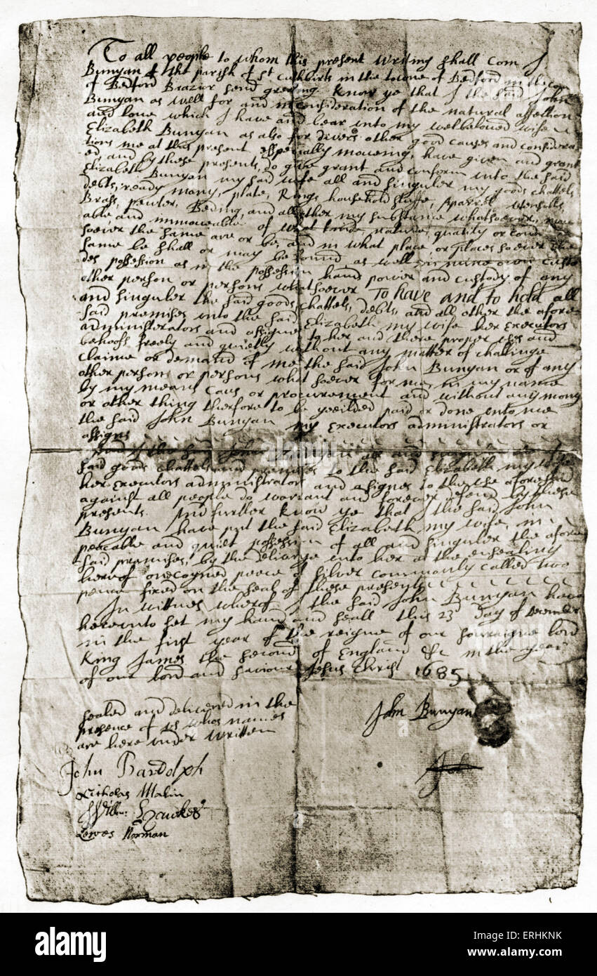 John Bunyan - the English writer 's handwritten will / testament, 1685 ...