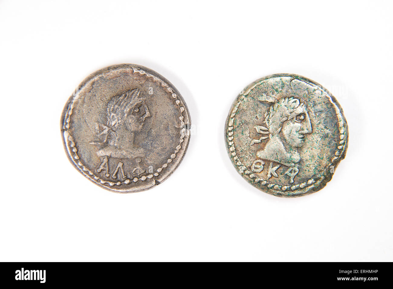 Old silver coins with portraits of kings on a white background Stock ...