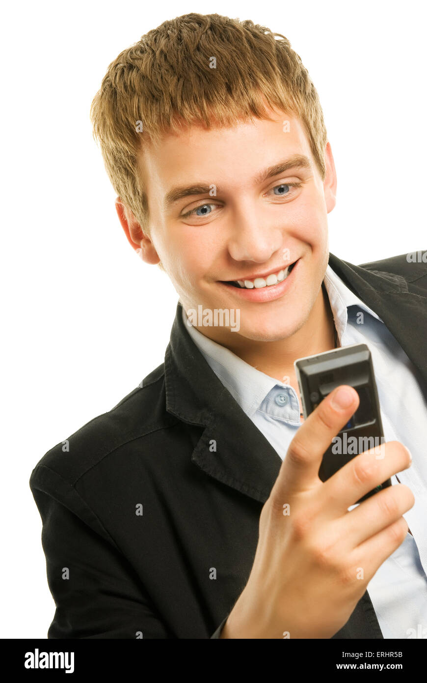 Young happy man holding mobile phone Stock Photo - Alamy