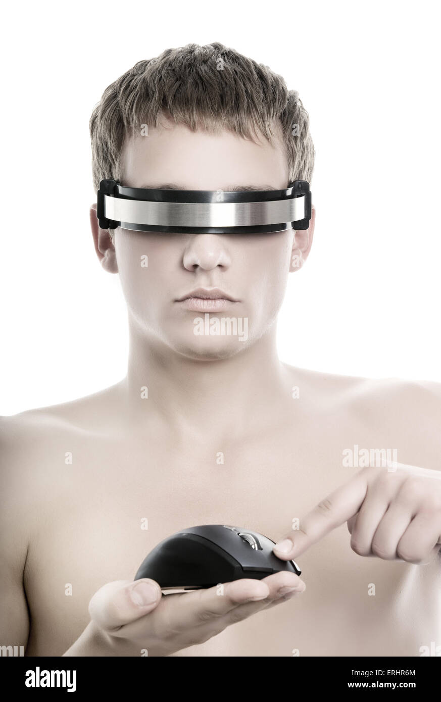 Handsome cyber man with computer mouse isolated on white background ...