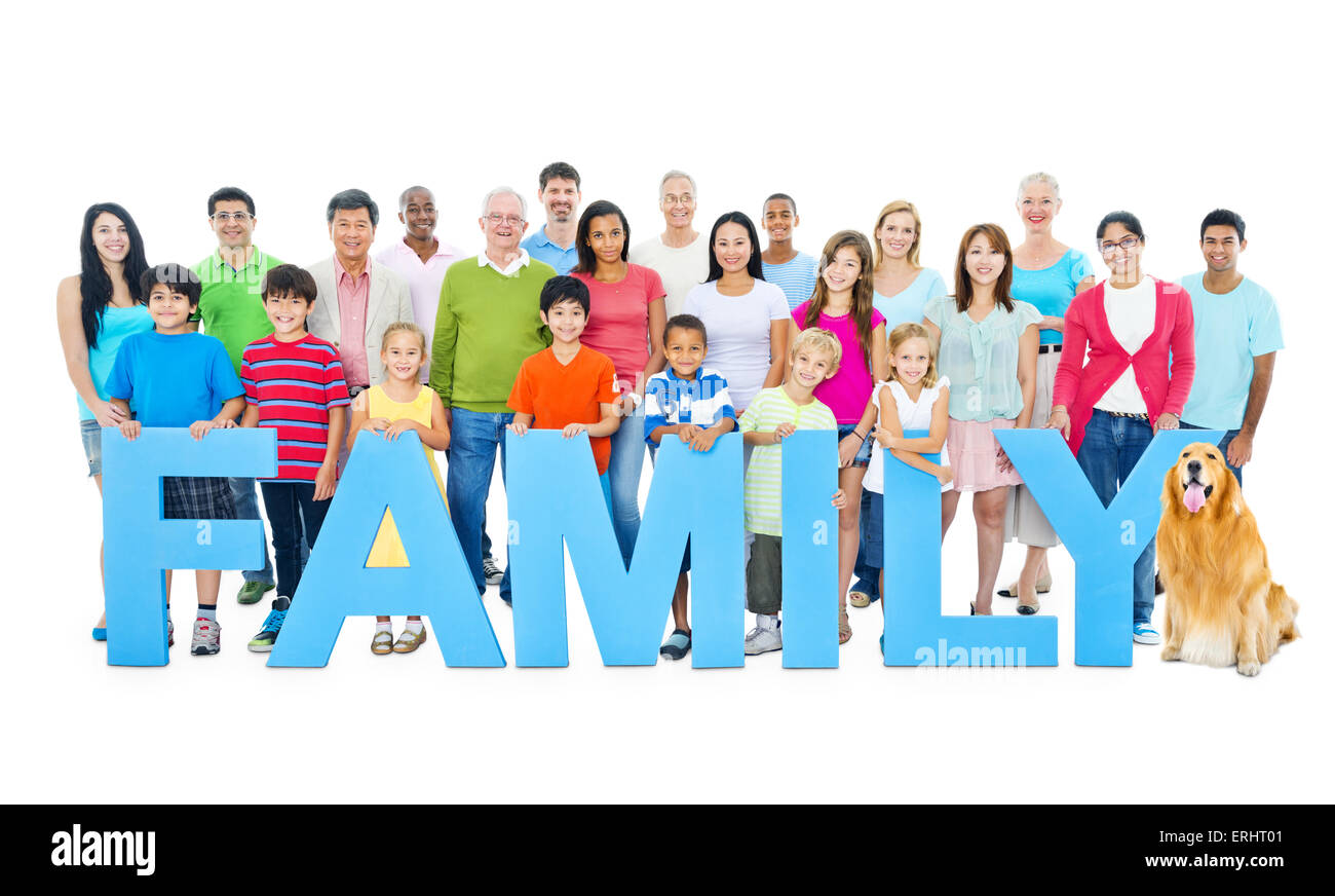 Multi-ethnic group of people holding "FAMILY" letters Stock Photo - Alamy