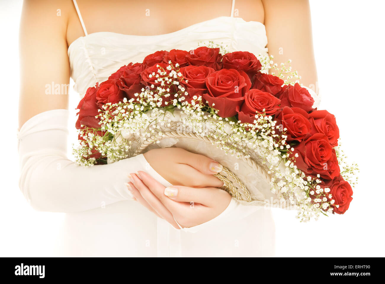 Beautiful bride with a luxury boquet of red roses. Isolated on white ...