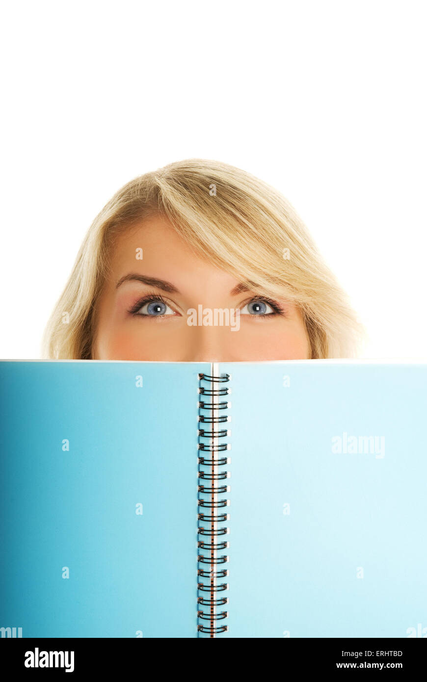 Beautiful student with blue notebook isolated on white background Stock ...