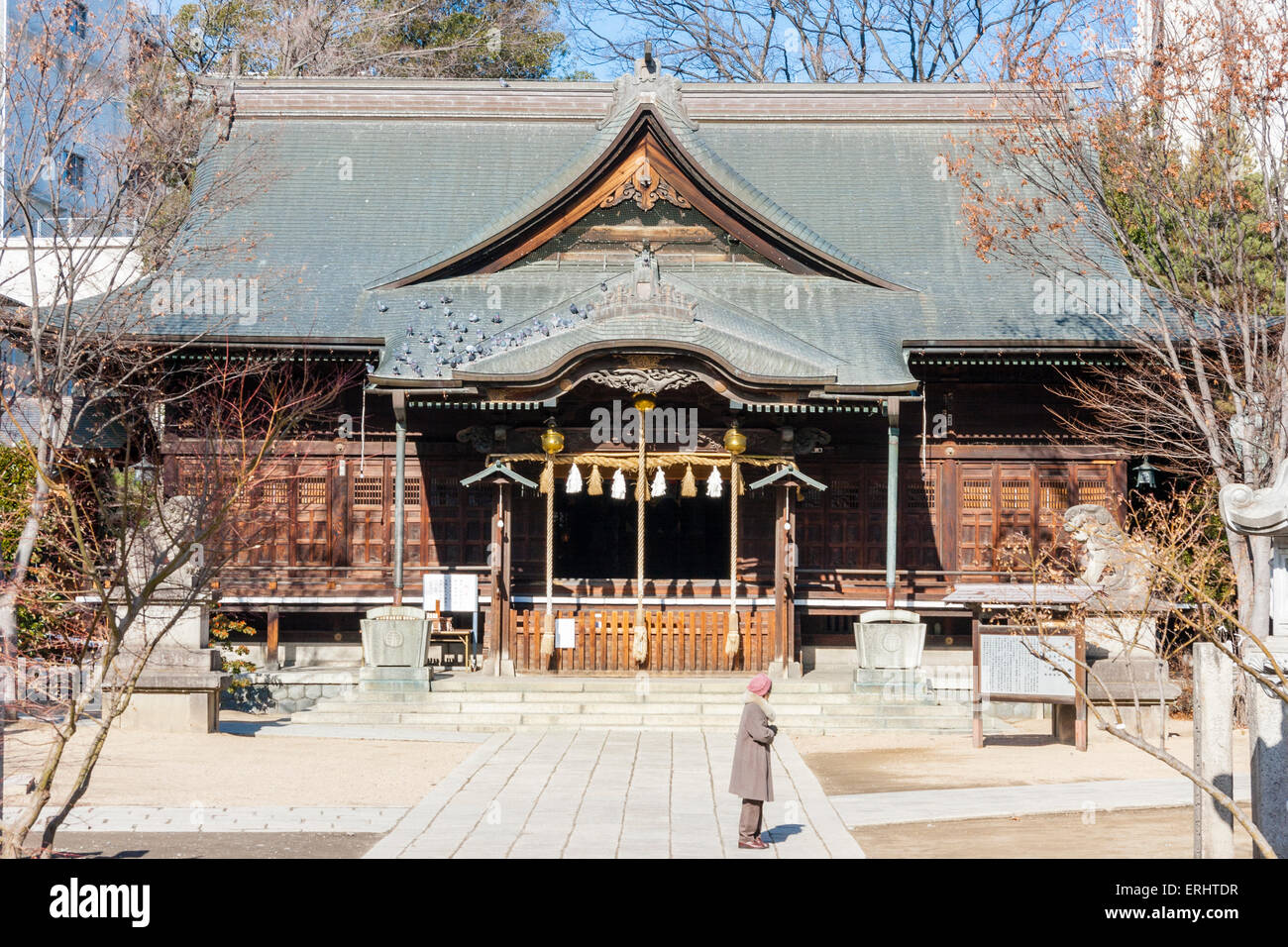 Japan, Matsumoto, Yohashira-jinja. The main temple hall, Haiden with ...