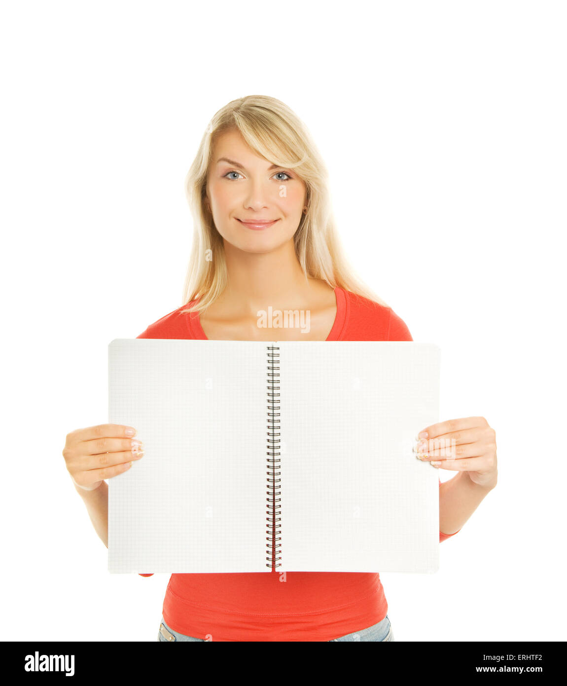 Beautiful student holding open notebook with blank pages Stock Photo ...