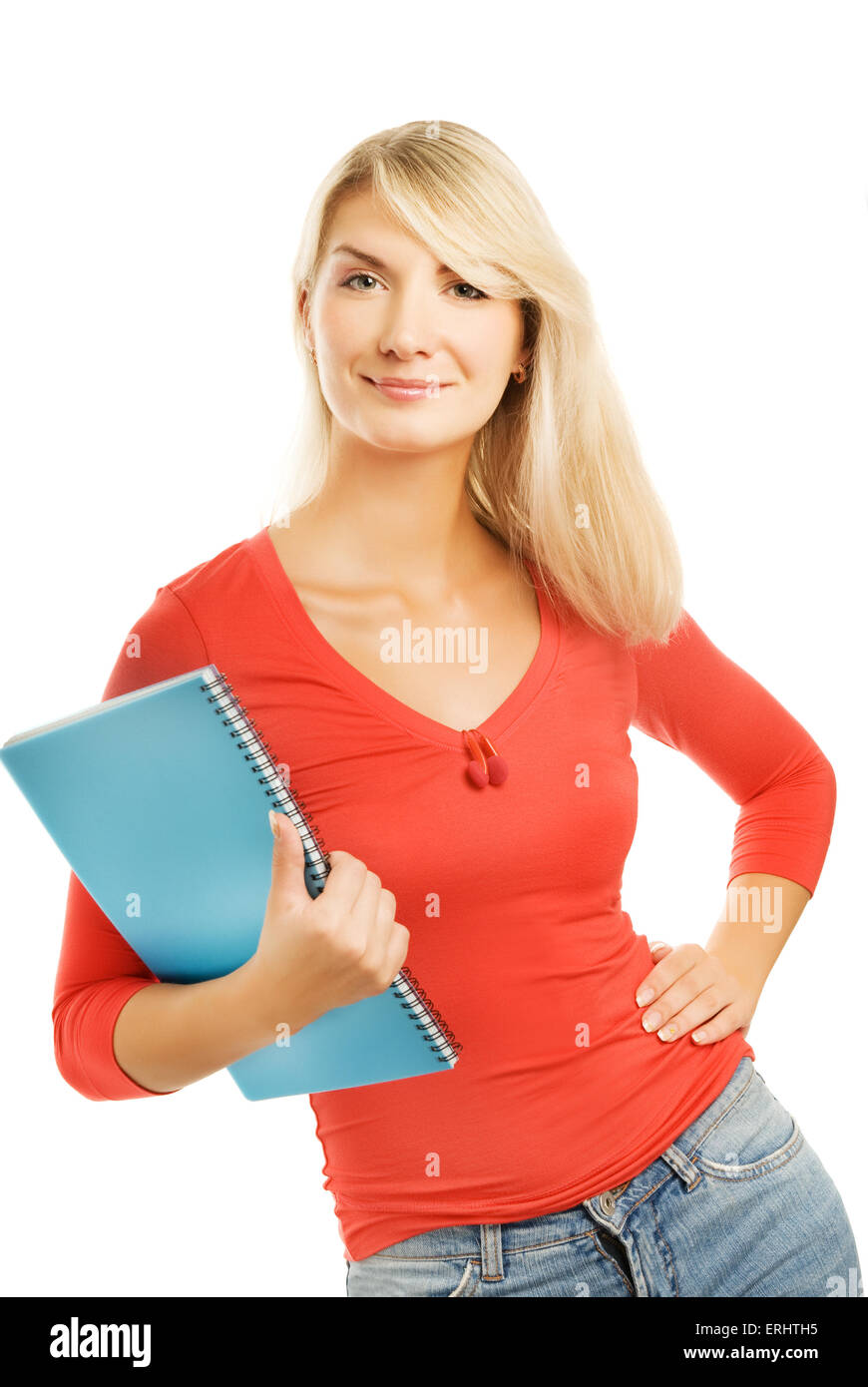 Attractive teenage girl with notebooks isolated on white background ...