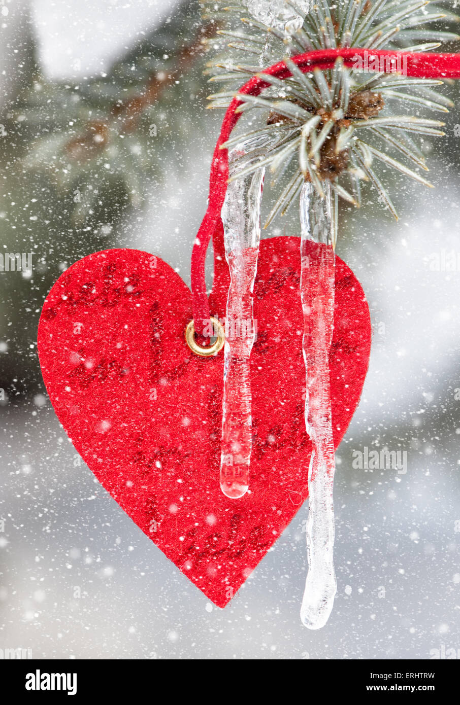 red heart toy on fir tree with snowfall and icicle Stock Photo - Alamy