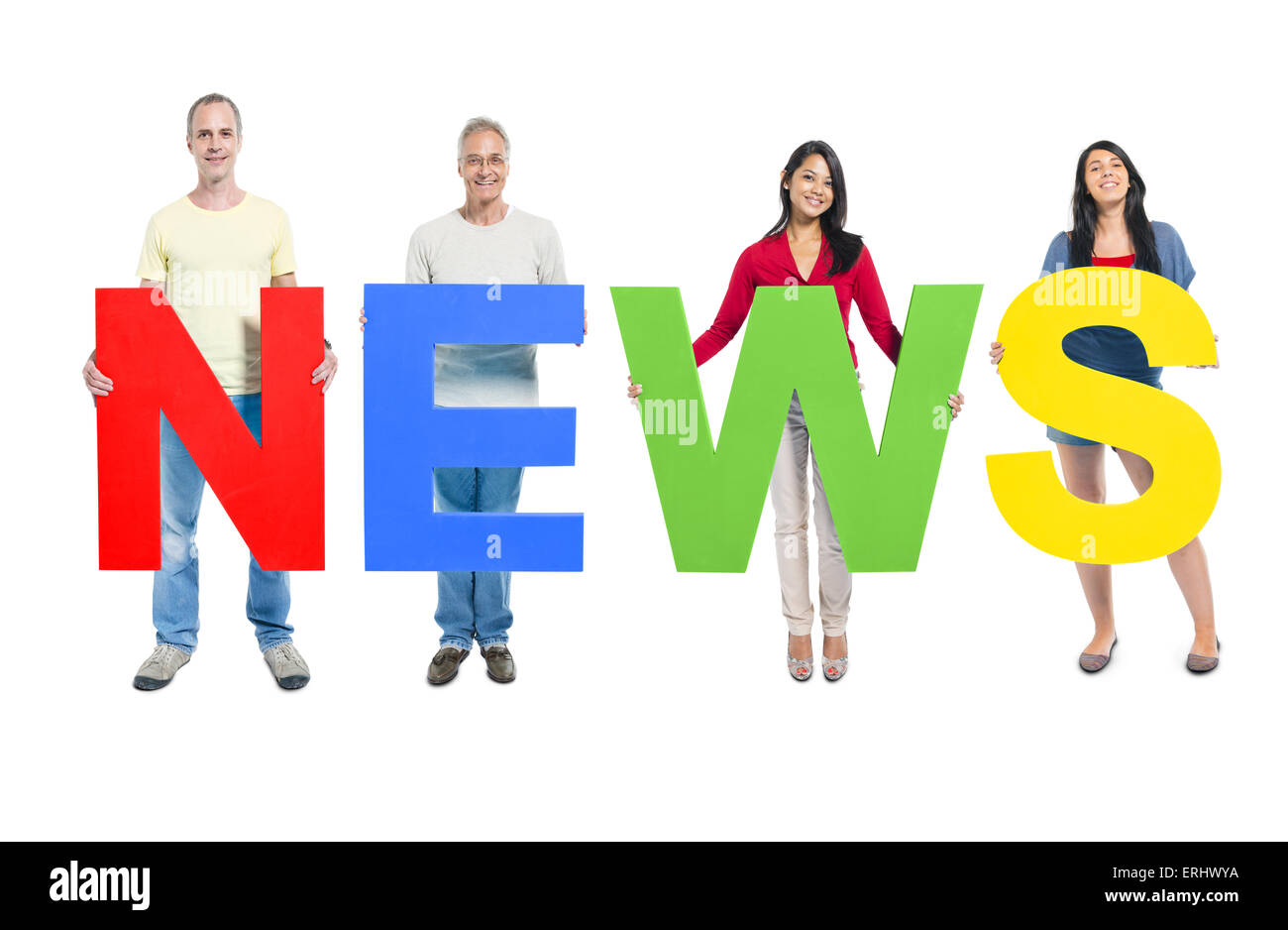 Multi-ethnic group of people holding "NEWS" letters Stock Photo - Alamy