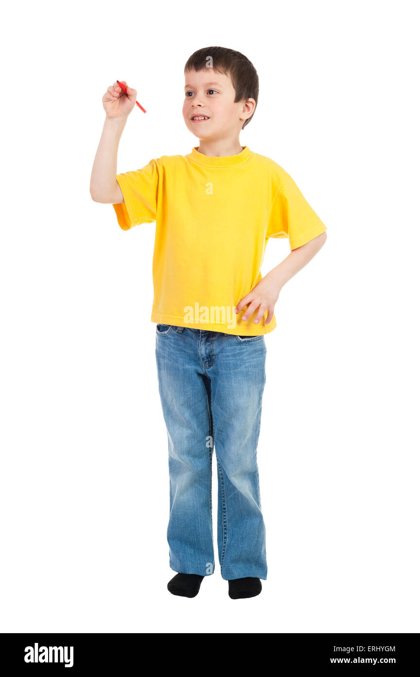 boy in yellow tshirt writes marker Stock Photo - Alamy