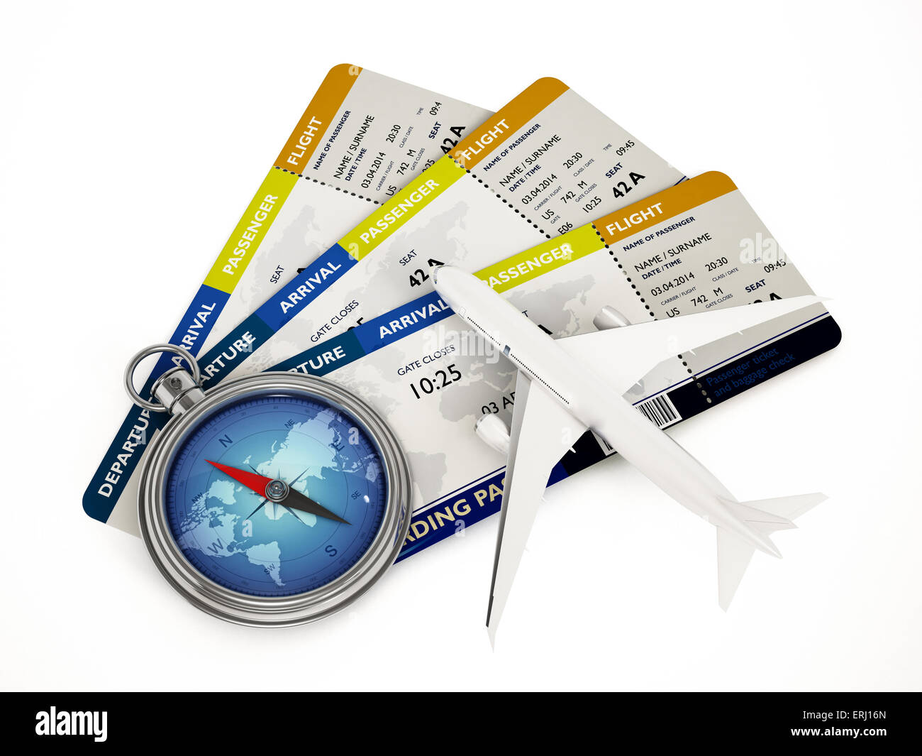 Airplane tickets compass and plane Stock Photo - Alamy