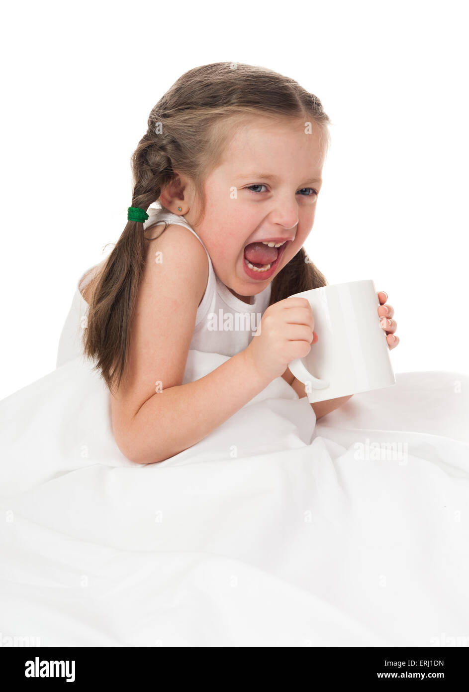 girl with cup cry in bed Stock Photo - Alamy
