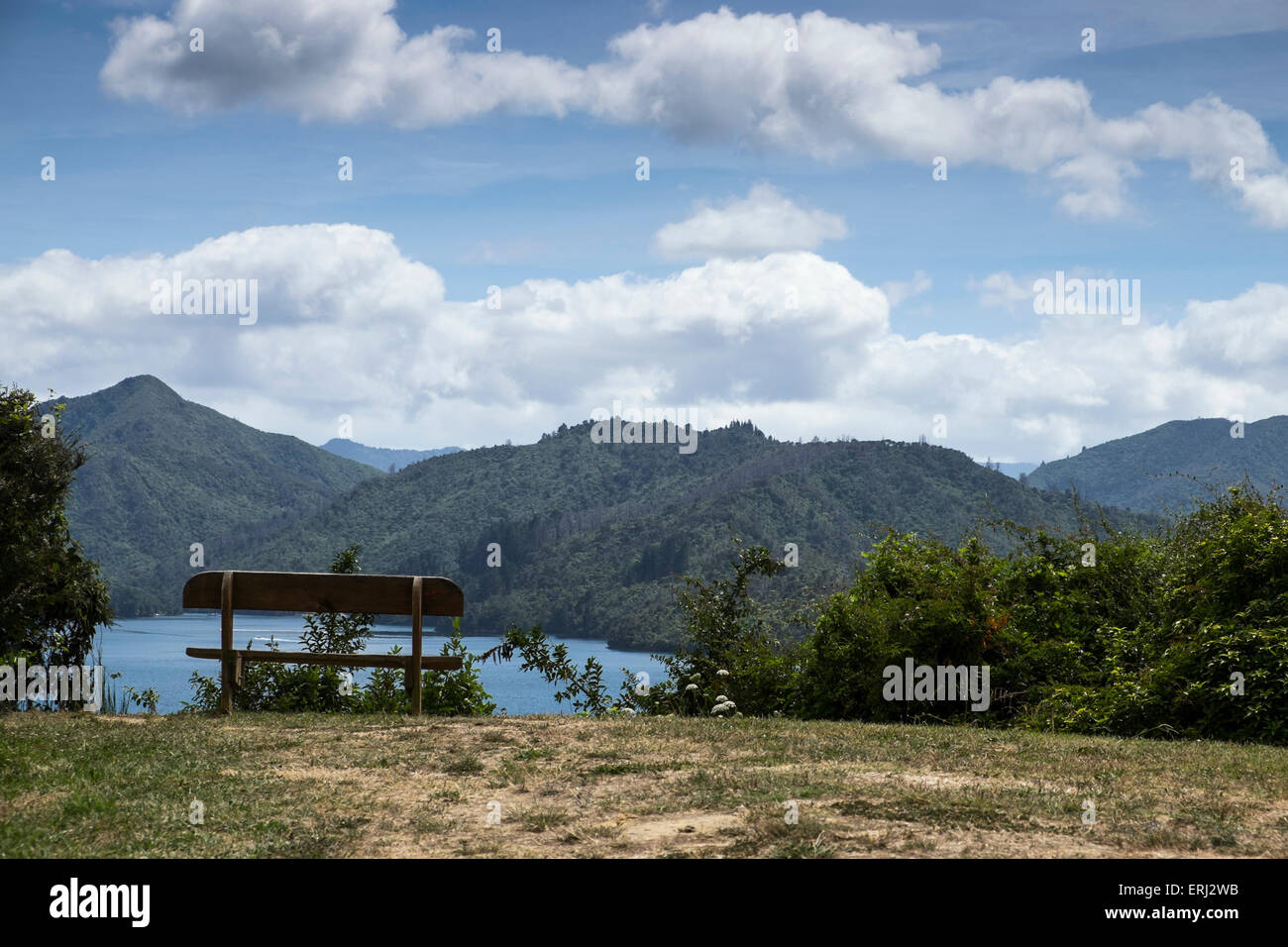 Bench at a lookout point above Queeen Charlottes Sound outside Picton ...