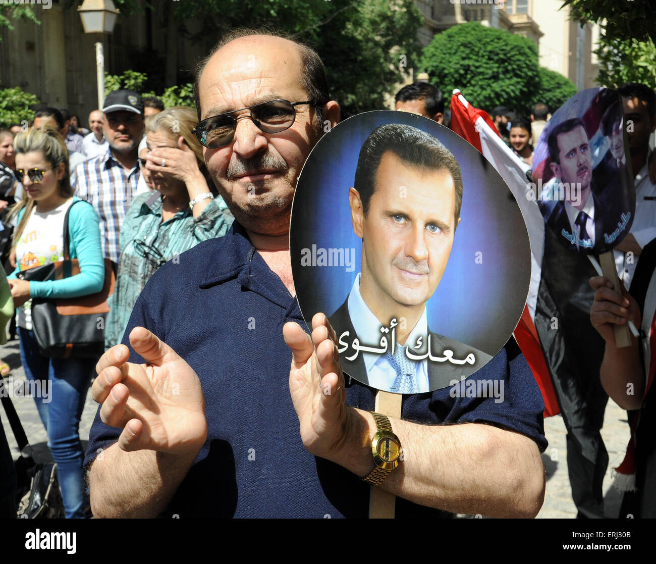 Damascus. 3rd June, 2015. Supporters of Syrian President Bashar al ...