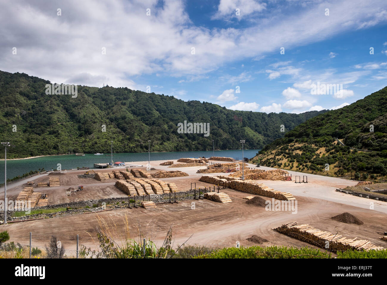 Waimahara Wharf in Shakespeares Bay, Picton, with logs on the quayside ...