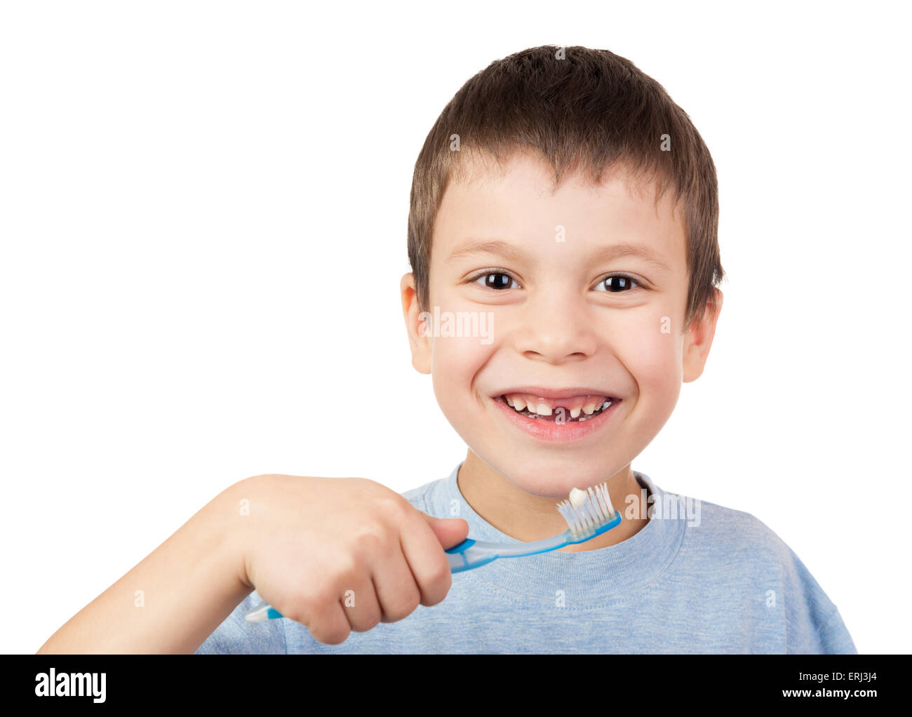 Boy portrait with lost tooth on toothbrush Stock Photo - Alamy