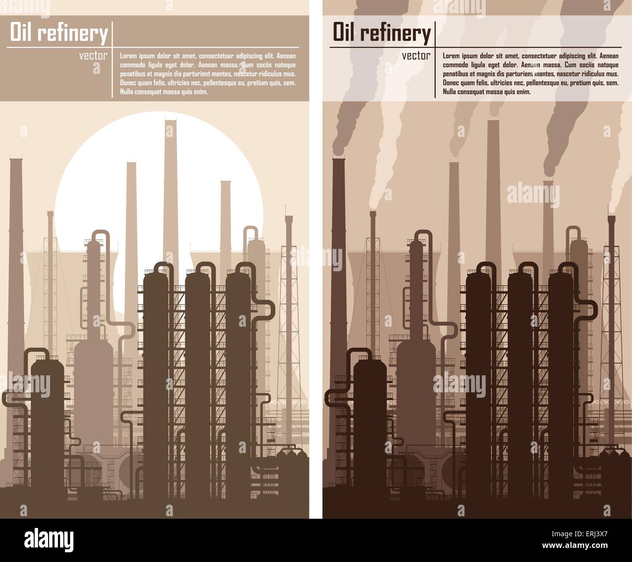Oil refinery or chemical plant silhouette. Set of two illustration with ...