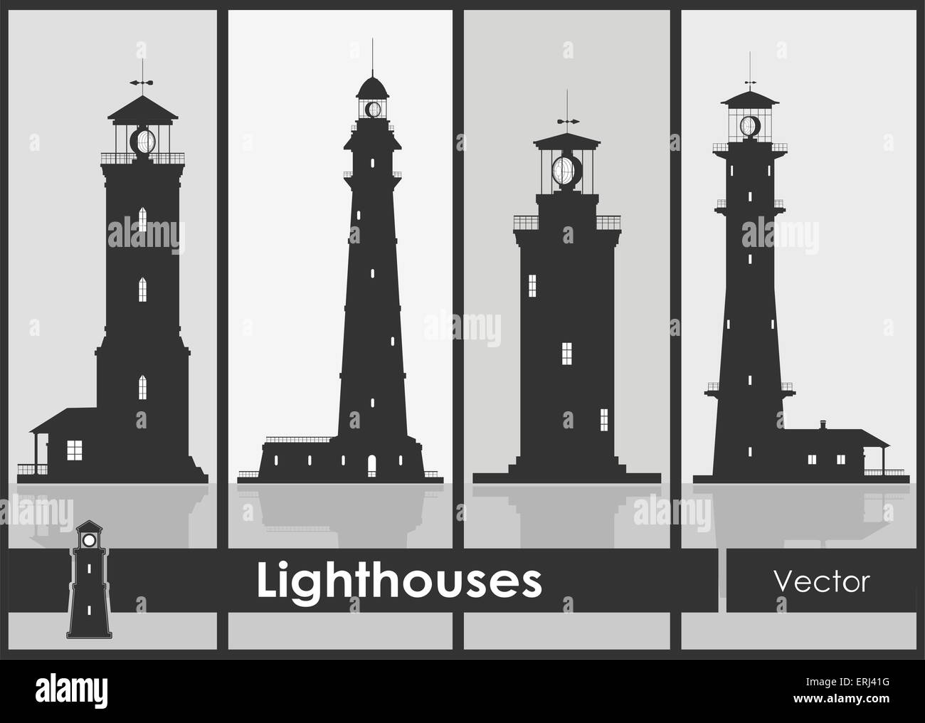 Lighthouses. Set of silhouettes of large lighthouses over grey ...