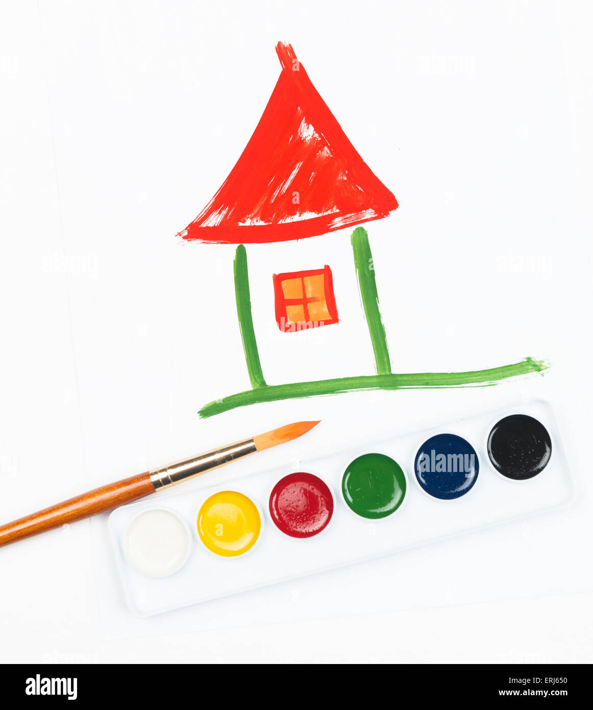Children's drawing water color paints the house Stock Photo - Alamy