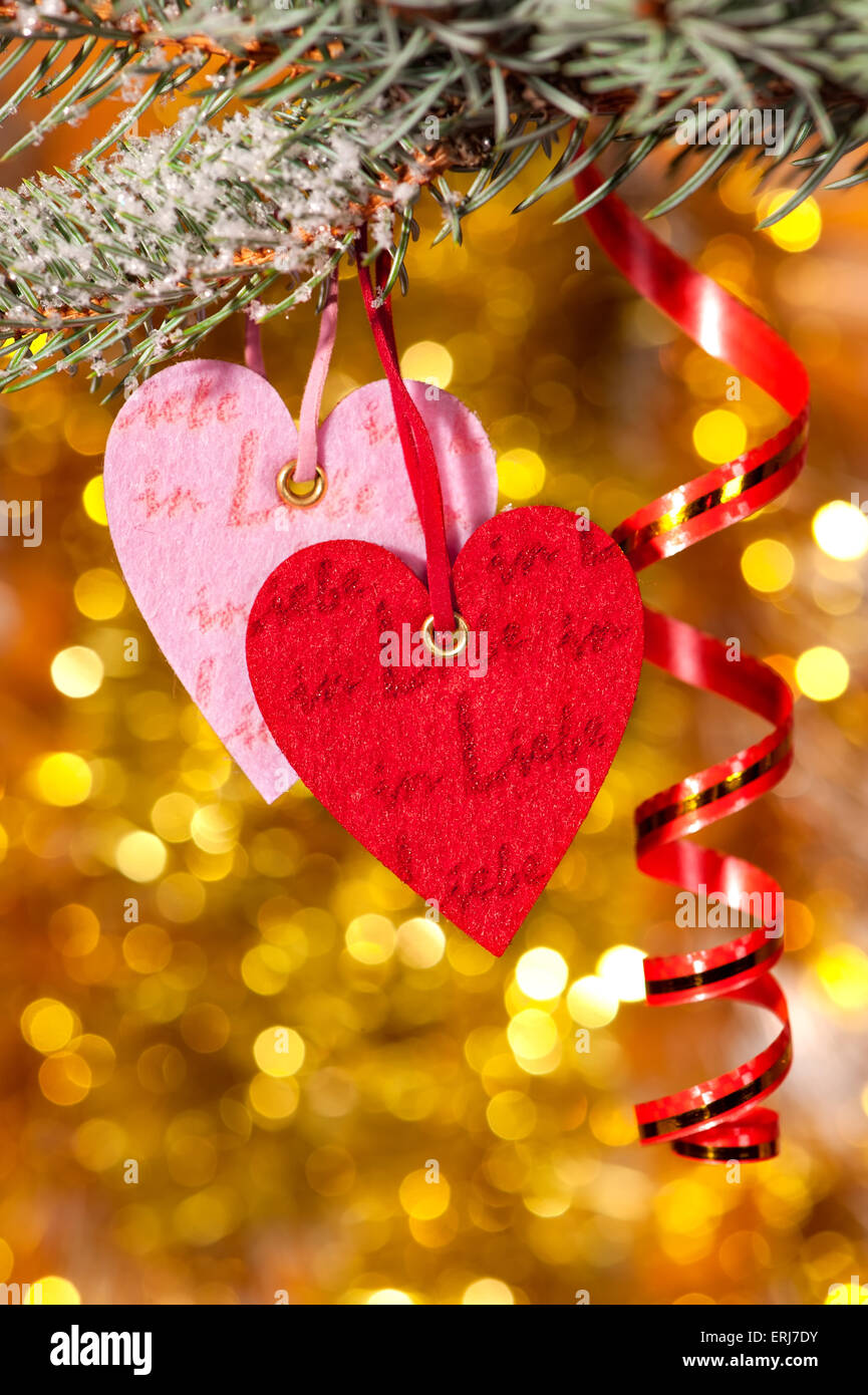 two hearts on christmas fir tree branch and golden background Stock ...