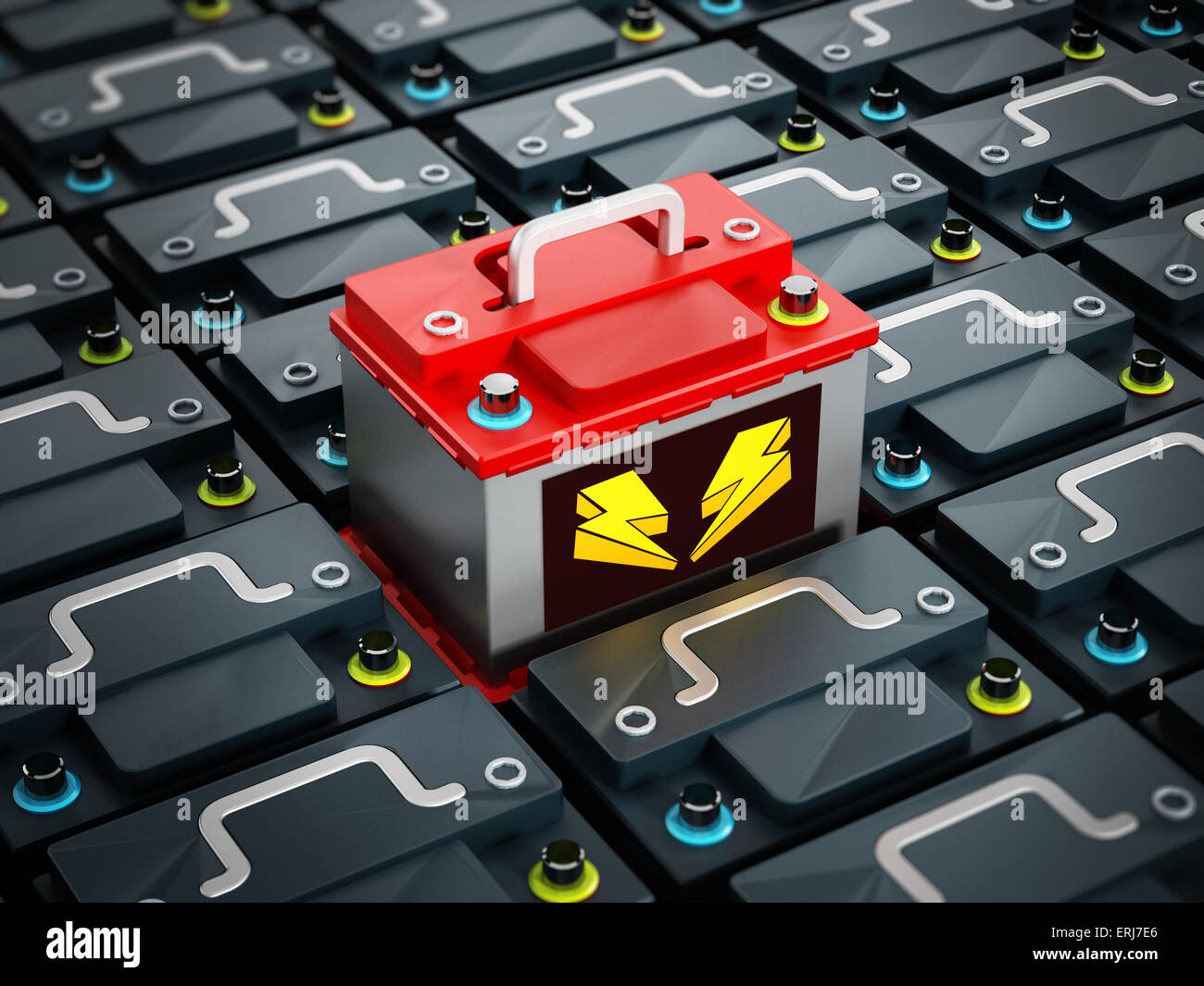 Red battery stands out among regular gray car batteries Stock Photo - Alamy
