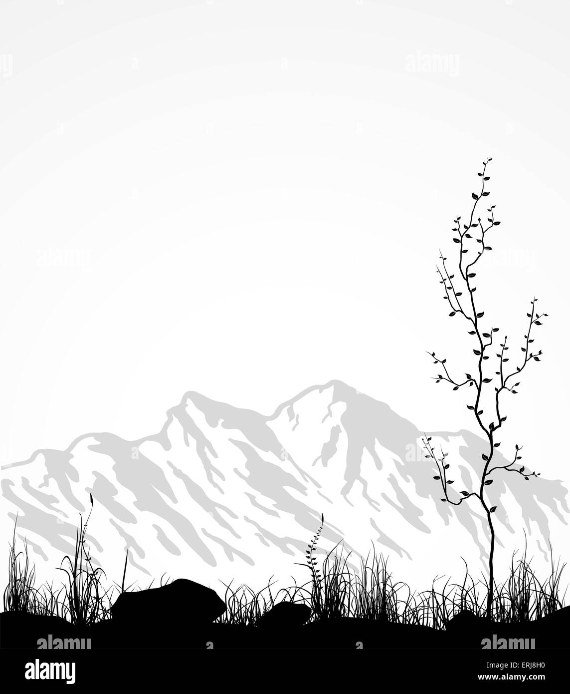 Landscape with mountain range, glass and tree. Vector illustration ...