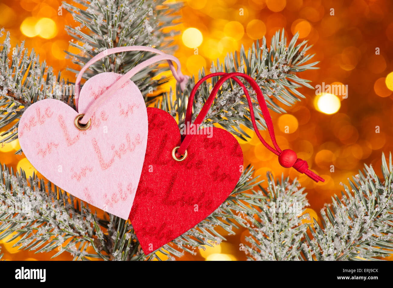 two hearts on christmas fir tree branch and golden background Stock ...