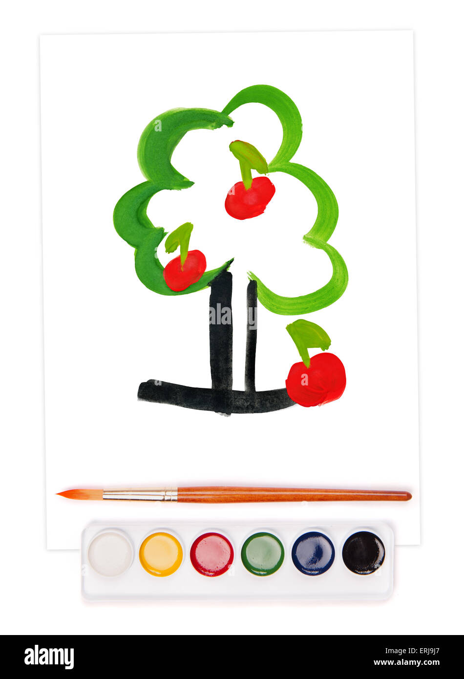 painted apple tree on sheet, watercolor set and brush Stock Photo - Alamy