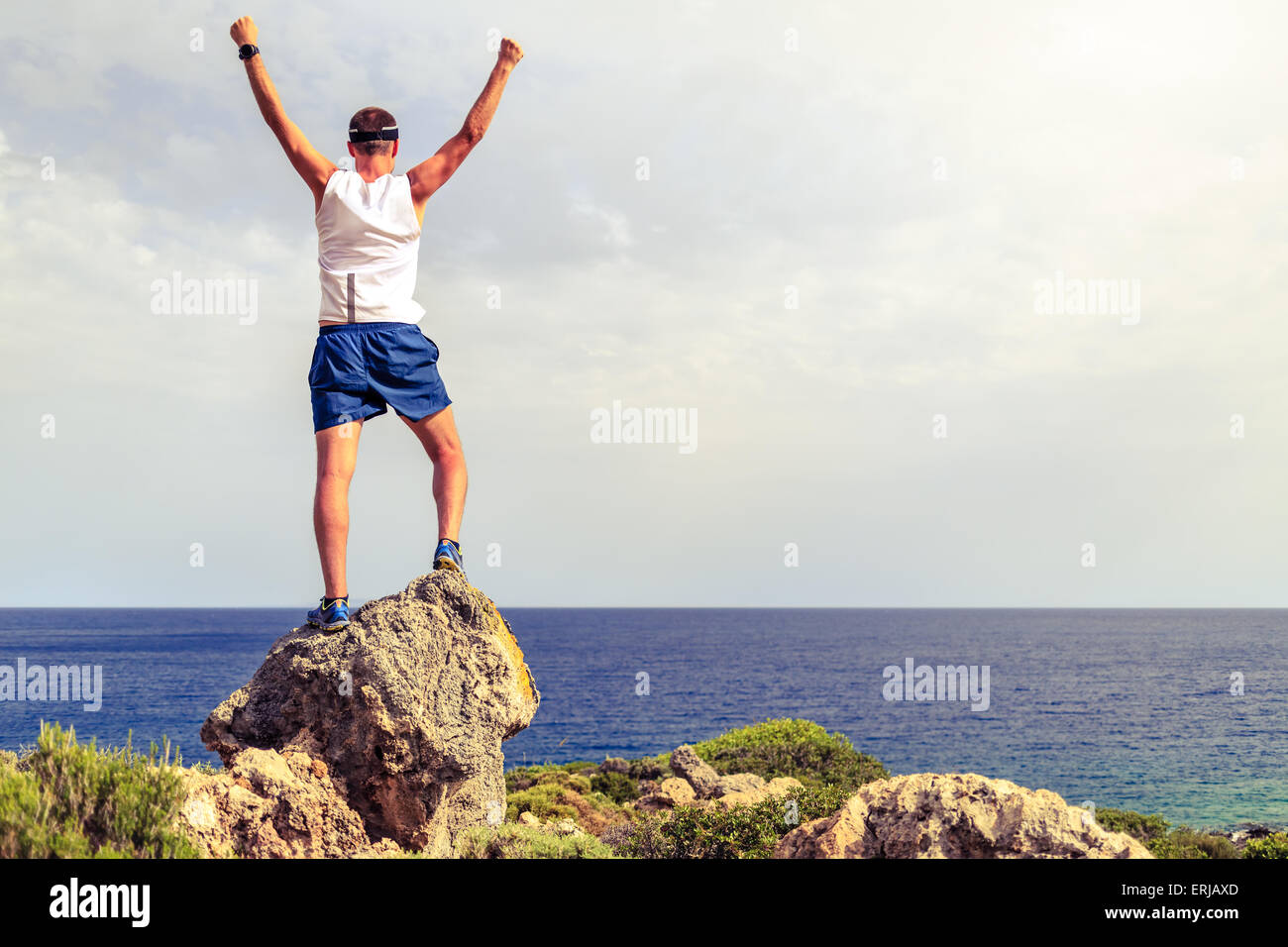 Happy trail runner, success achievement running or hiking ...