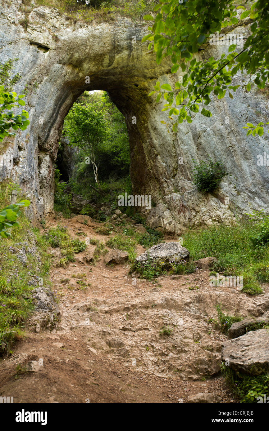 UK, England, Derbyshire, Dovedale, Reynards Cave, entrance to ancient ...