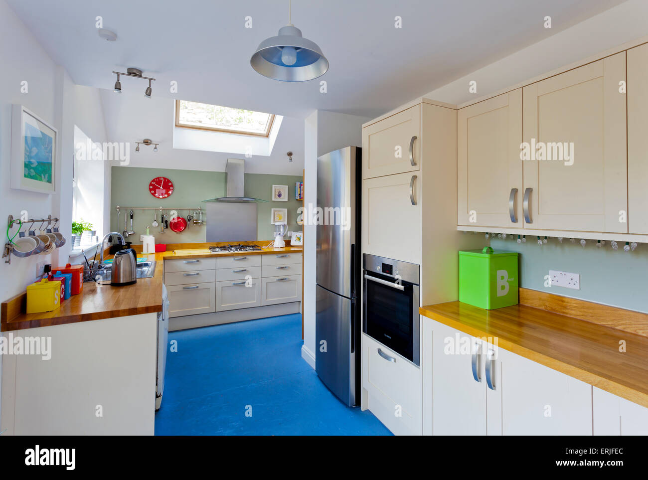 Interior view of contemporary modern style domestic kitchen with cream ...